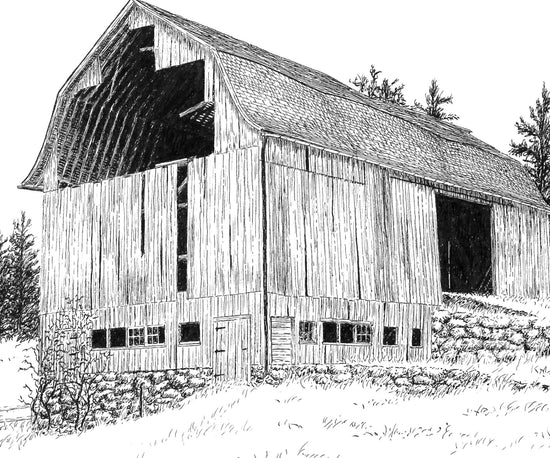 Rustic Old Barn Pen and Ink Drawing Wall Art, 8" x 12" Unframed, Origi ...